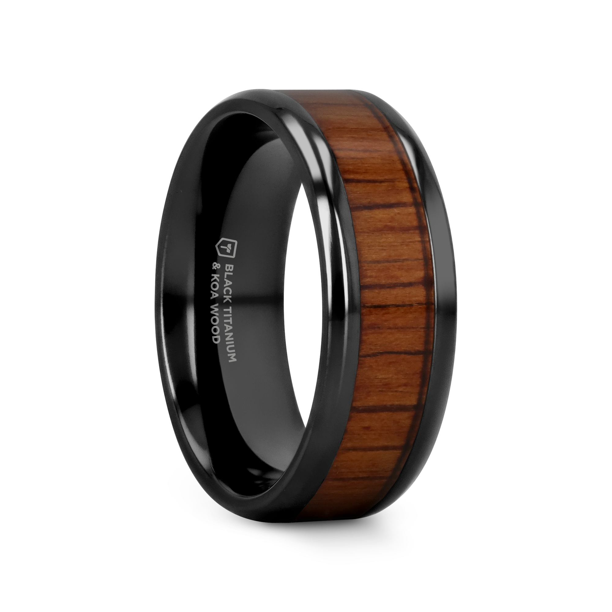 LEIFI Black Titanium Ring with Koa Wood Inlay and Bevels - 8mm ...