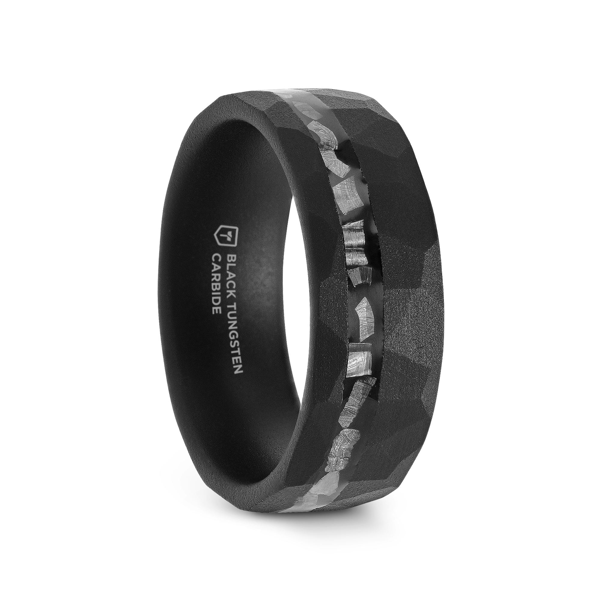 FISSURE Black Tungsten Ring with Hammered Finish and Meteorite Inlay ...
